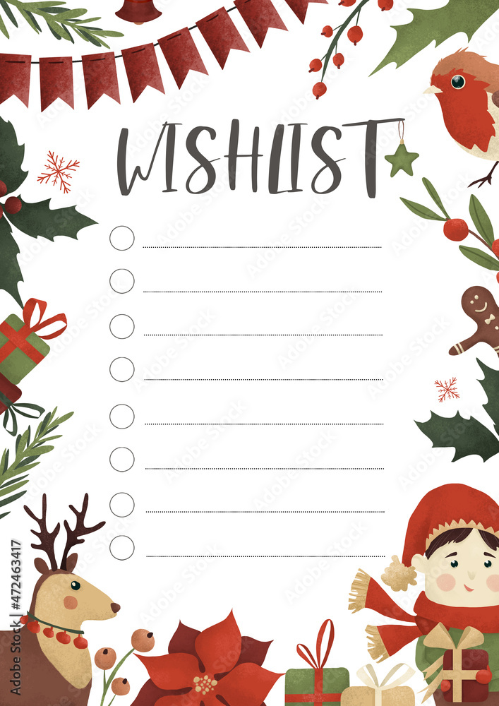 Christmas Wishlist template with cute hand drawn Christmas elements ...
