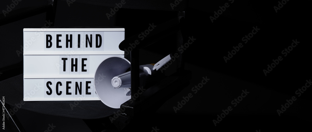 Director chair with behind the scene banner light box. Letterboard text Lightbox or Cinema Light ...