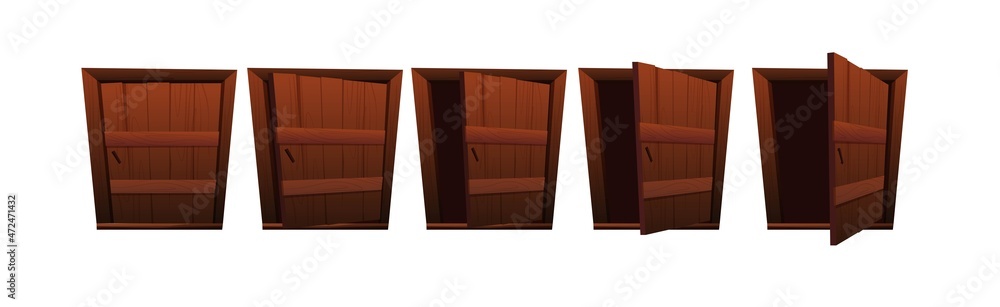 Opening vintage wooden door stages for animation in 2d game. Cartoon ...
