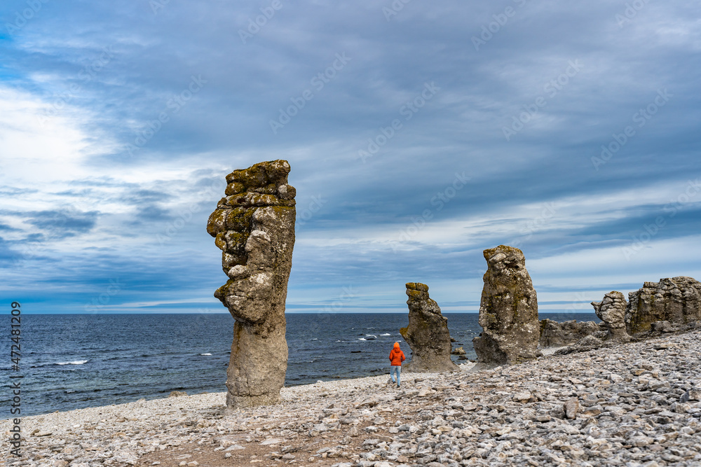 Fårö Island in Sweden. Rauks, ancient stone formations. Column like ...