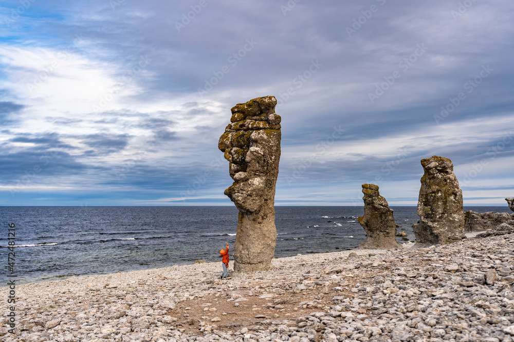 Fårö Island in Sweden. Rauks, ancient stone formations. Column like ...