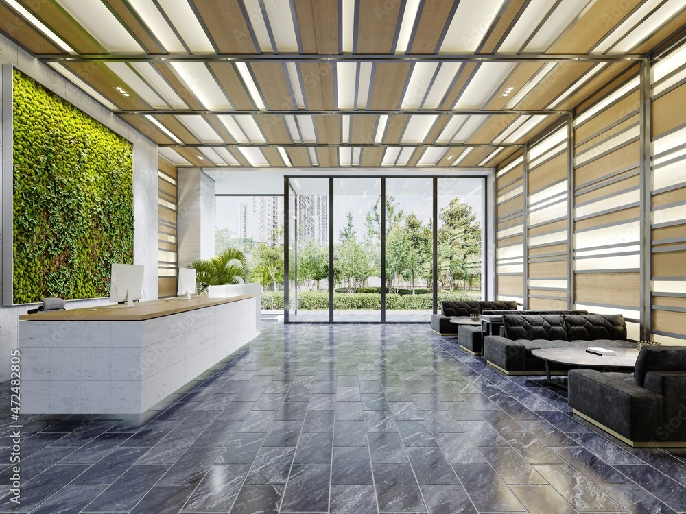 Design office entrance and waiting area with reception desk with high ...