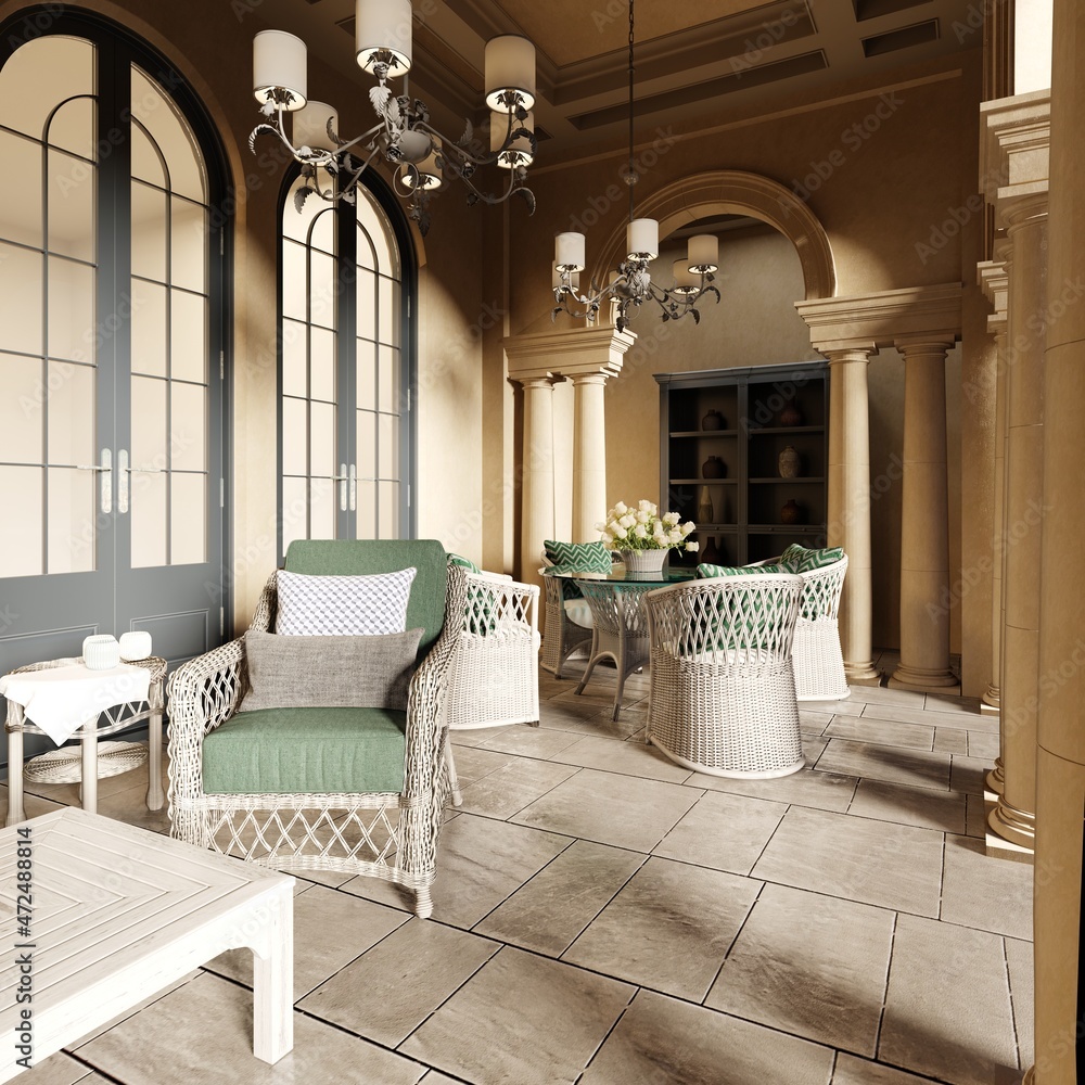 Summer veranda in a classic style with columns and stone floors with ...