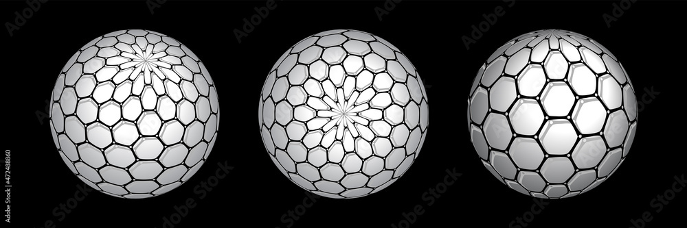Spherical shapes with geometric pattern on black background. Stock ...