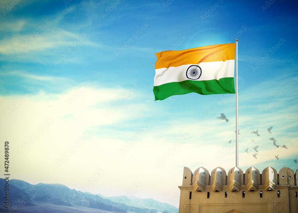 Huge Indian National flag hoisted on the fort. Indian Republic Day and ...