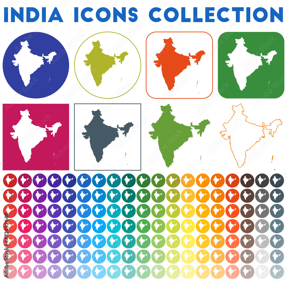 India icons collection. Bright colourful trendy map icons. Modern India ...