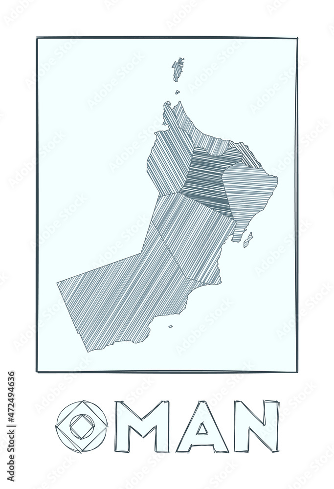 Sketch map of Oman. Grayscale hand drawn map of the country. Filled ...