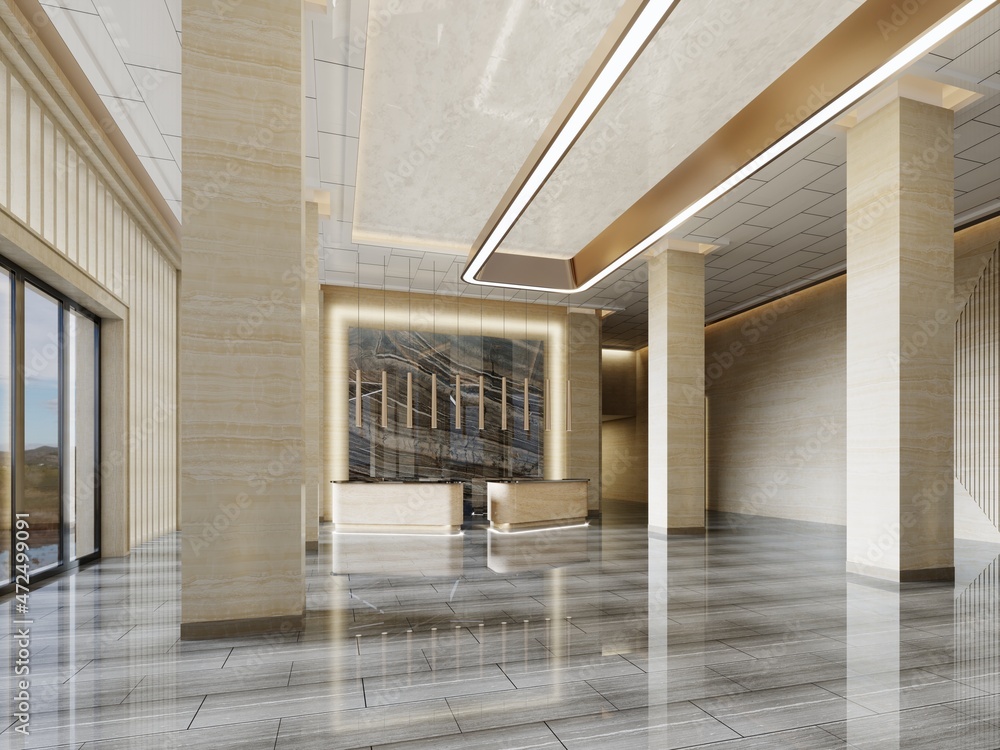 Reception area with two reception desks with black marble panel ...