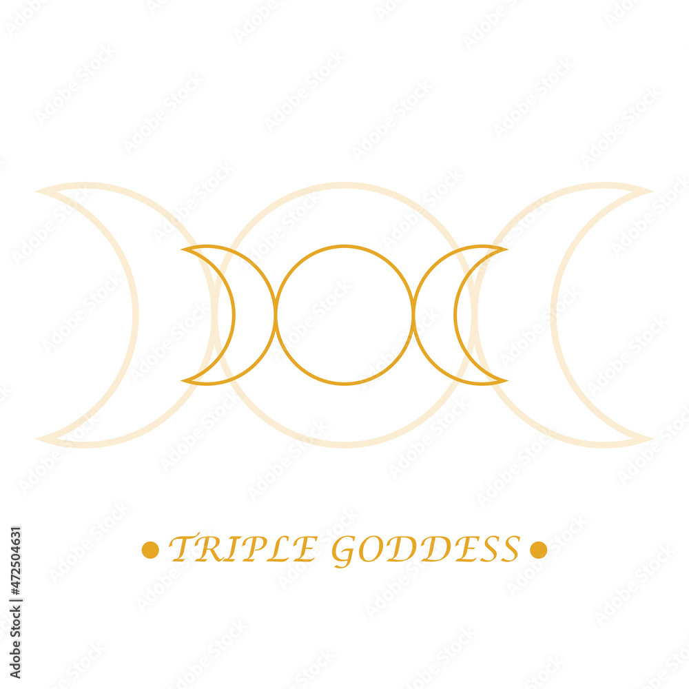Triple Goddess sign. Hecate. Goddess of the moon. Symbol witch in gold ...