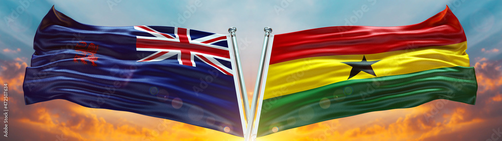 Old Cyprus flag and Ghana Flag waving with texture sky Cloud and sunset ...