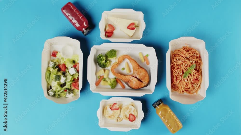Food delivery top view, take away meals in disposable containers on ...
