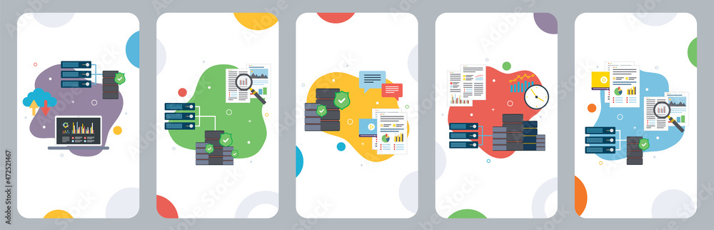 Cloud computing, mining, server, database and data icons. Concepts of cloud computing, data ...