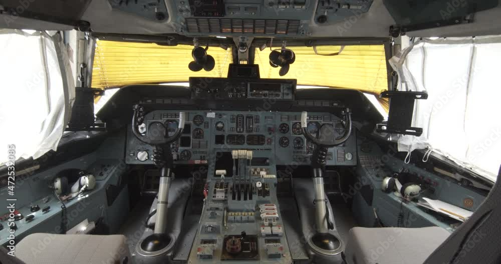 The cockpit and the control panels and the control room of the Russian ...