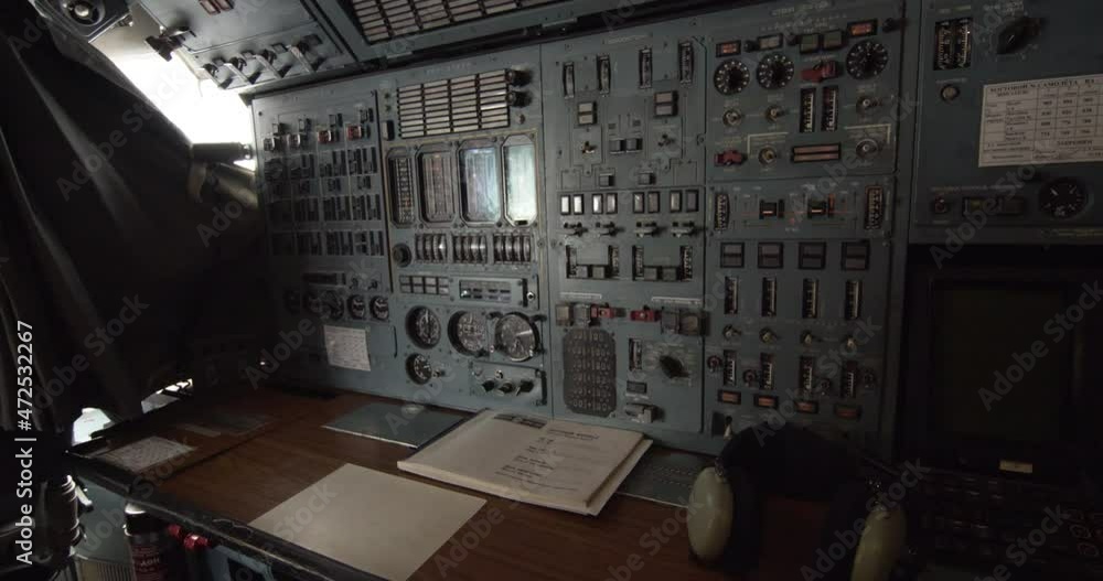 The cockpit and the control panels and the control room of the Russian ...