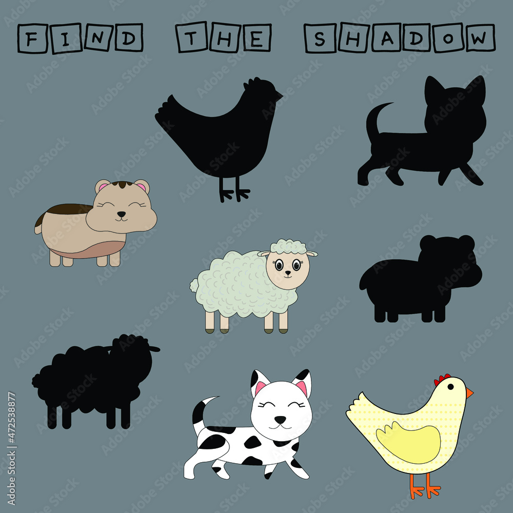 Find a shadow pets. Match hamster, sheep, dog, chicken with correct ...