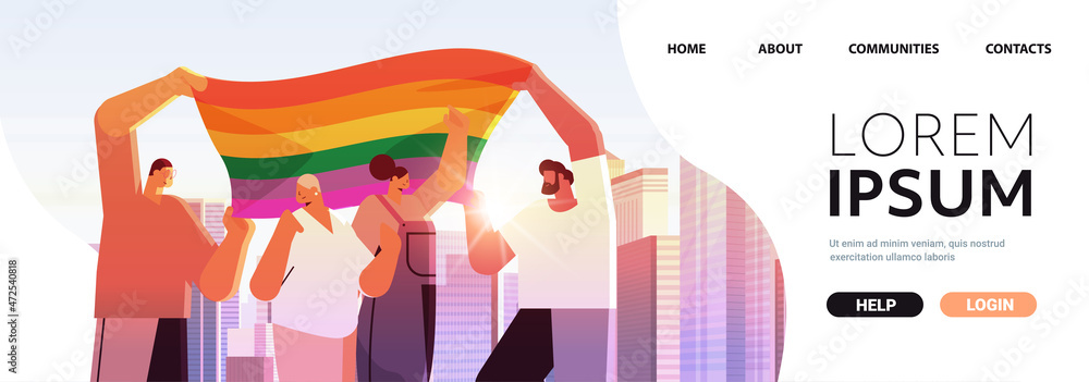 people with lgbt rainbow flag walking on city street gay lesbian love ...