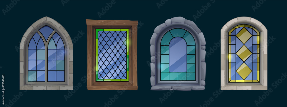 Cartoon stained glass windows, catholic church, medieval gothic ...