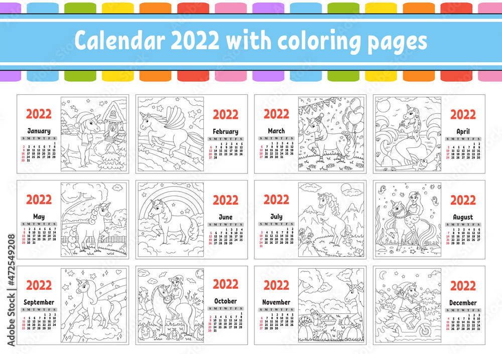 Calendar for 2022 with a cute character. Fairy unicorn. Coloring page ...