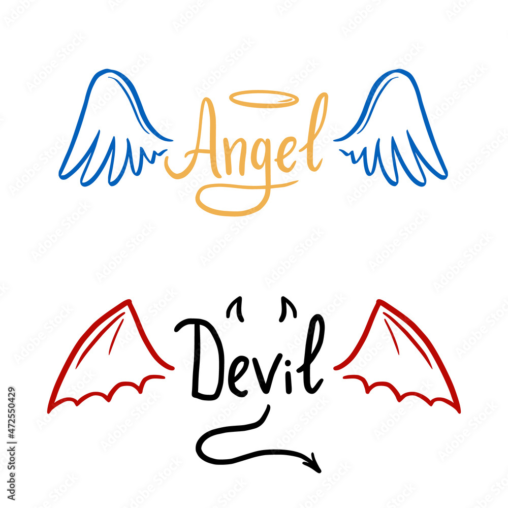 Angel and devil stylized vector illustration. Angel with wing, halo ...