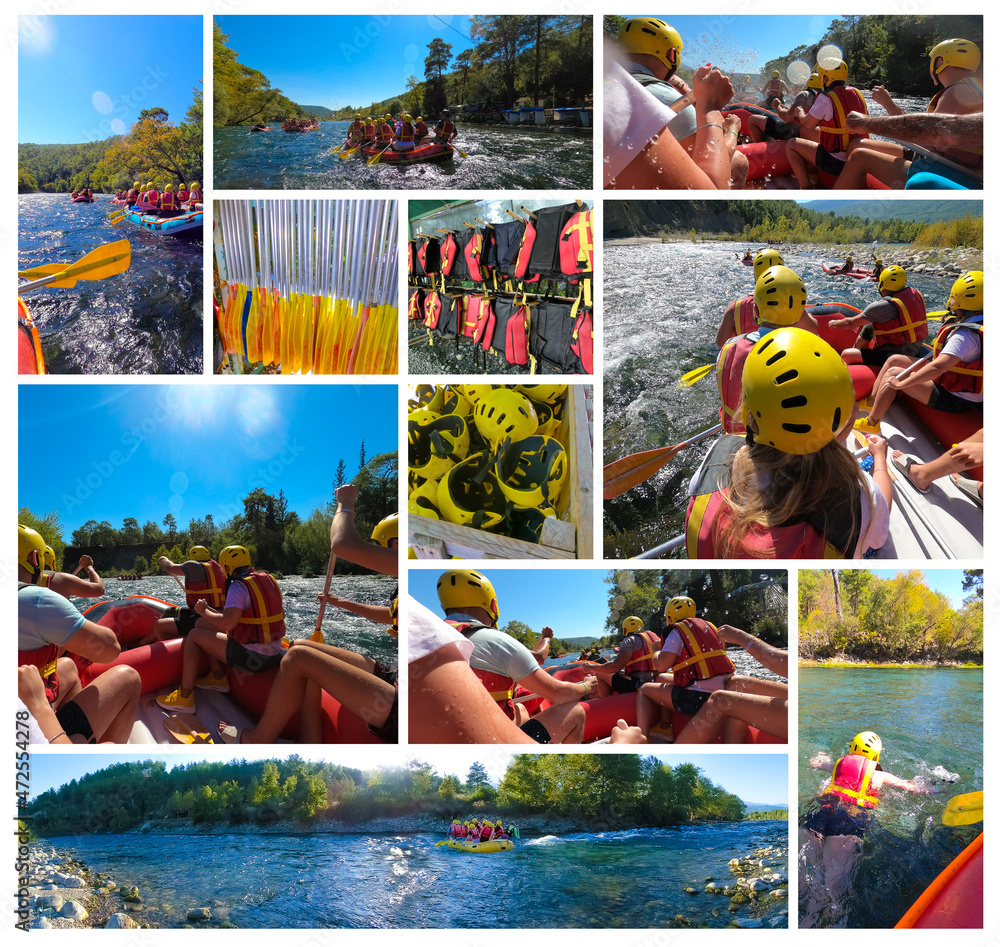 Collage about water rafting on r Kopryuchay river in Koprulu canyon ...