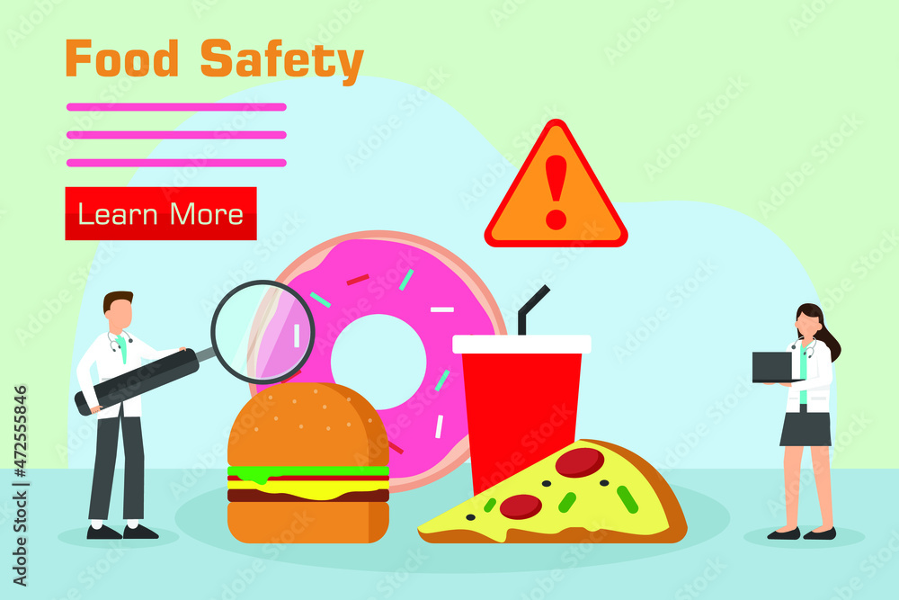 Food safety vector concept. Two doctors using magnifier to checking at ...