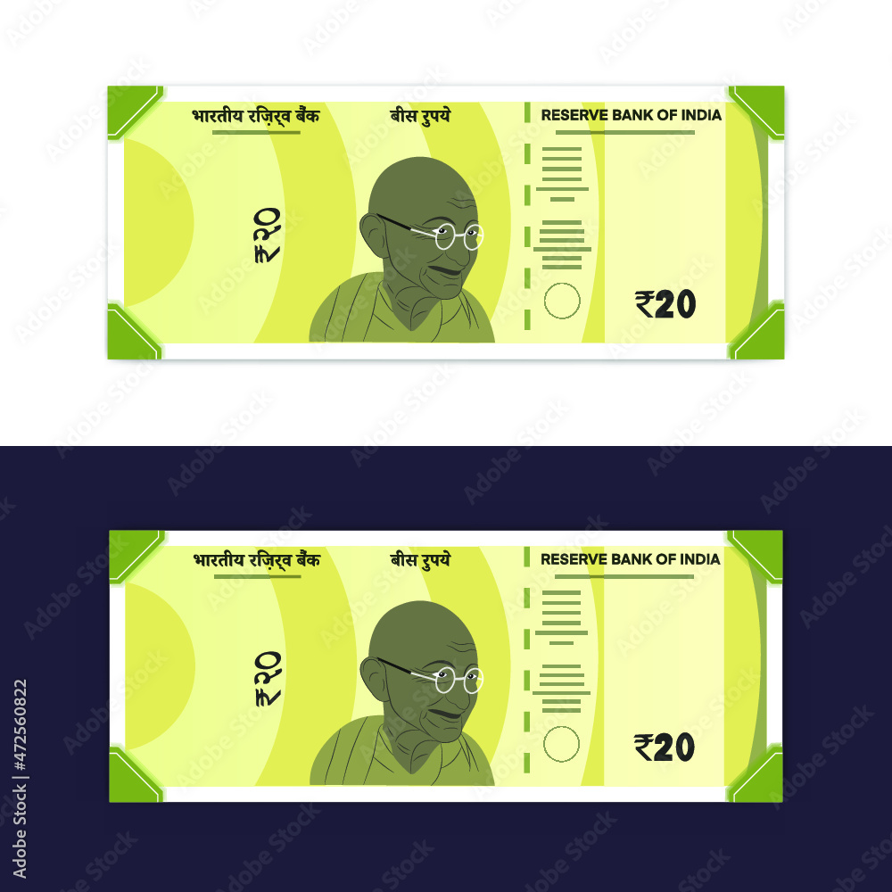 India new 20 rupee currency notes in white background Stock Vector ...