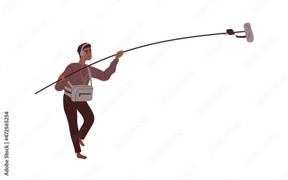 Boom operator with microphone on pole. Recordist, audio assistant at ...