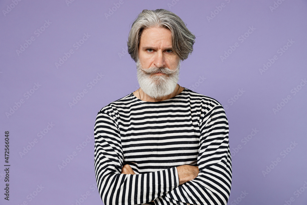 Elderly strict serious gray-haired mustache bearded man 50s in striped ...