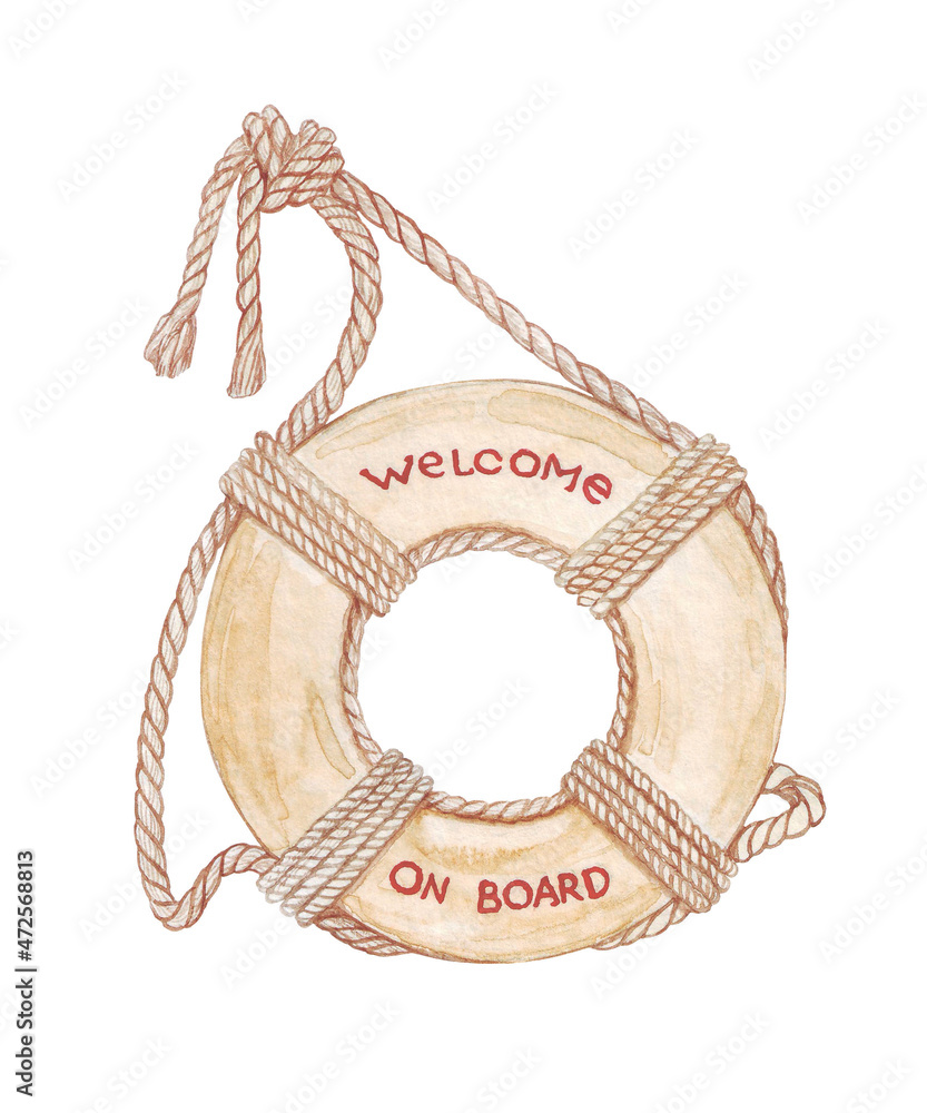 Lifebuoy illustration in watercolor with rope harness and welcome aboard in red; beige vintage ...
