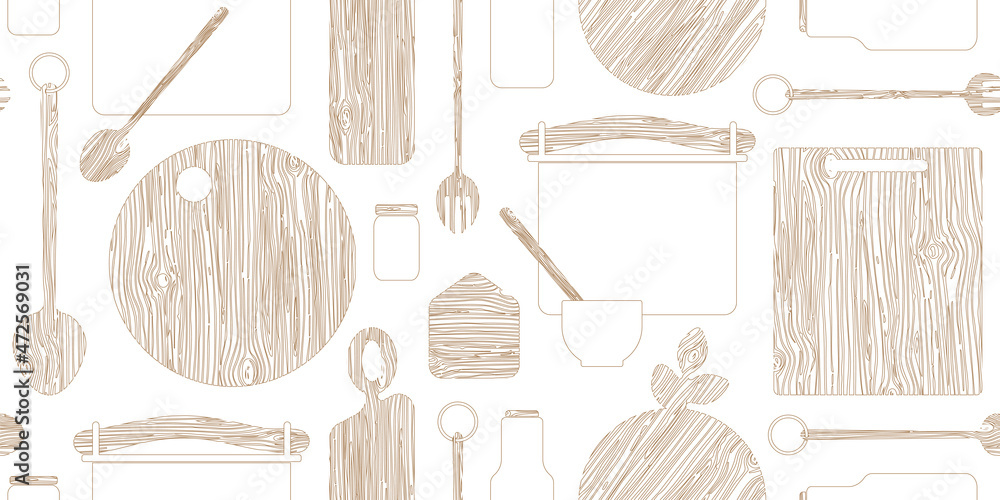 Seamless vector pattern with cutting board and utensils. Outline wooden ...