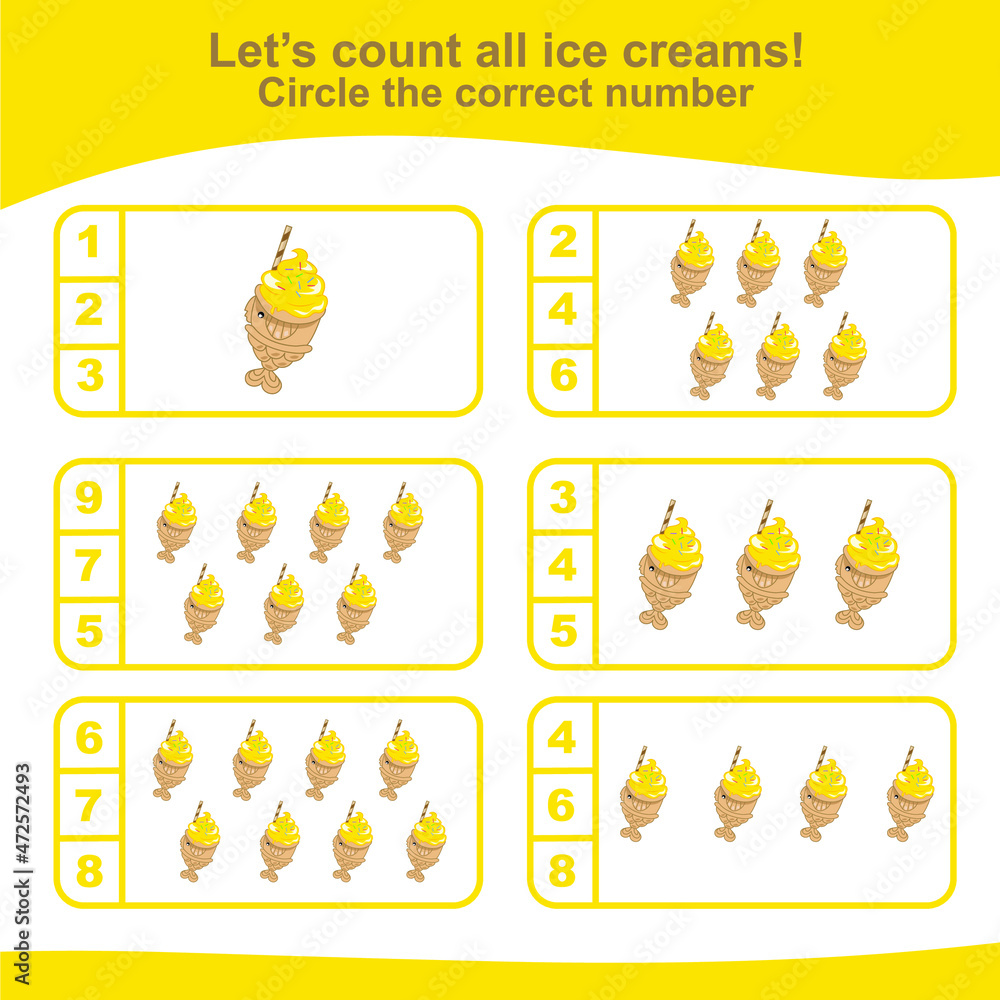 Counting all ice creams game for kids. Educational printable math ...