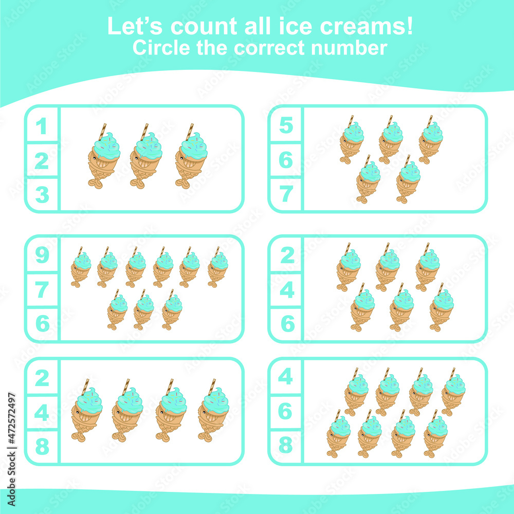 Counting all ice creams game for kids. Educational printable math ...