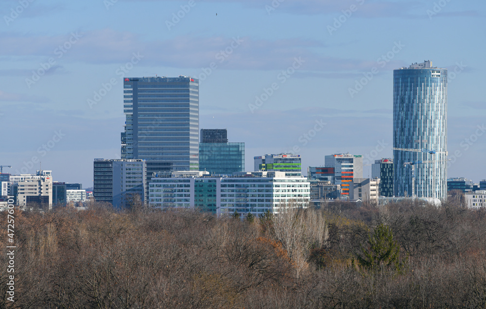Bucharest, Romania - 2021: The north part of the city with its tallest ...