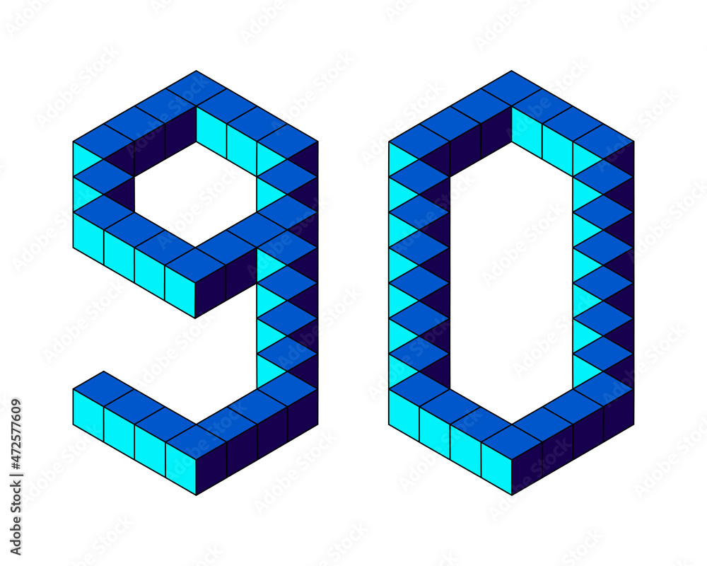Blue number 90 from cubes isolated on white background. Pixel, 8 bit ...