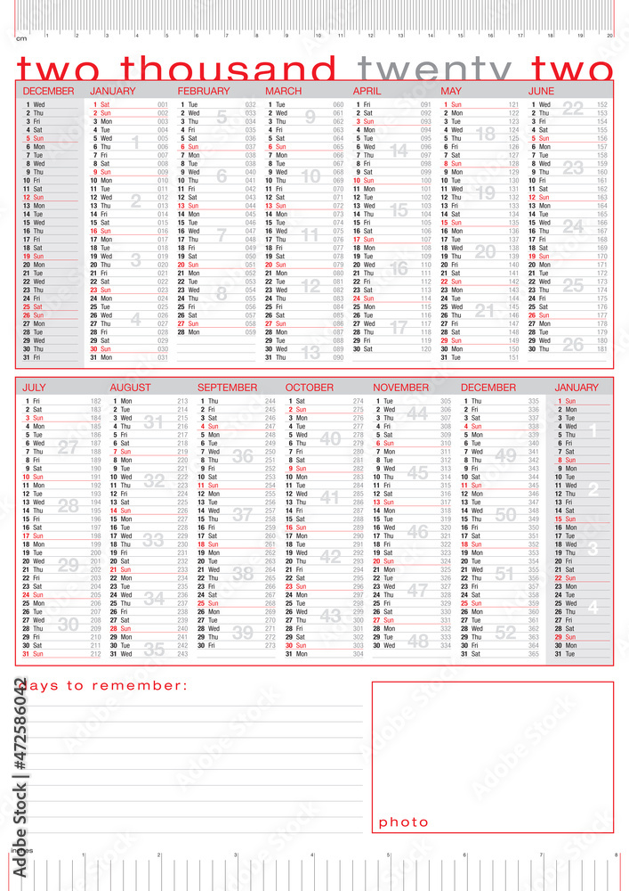 2022 calendar, with weeks and countdown days, decorated with rulers ...