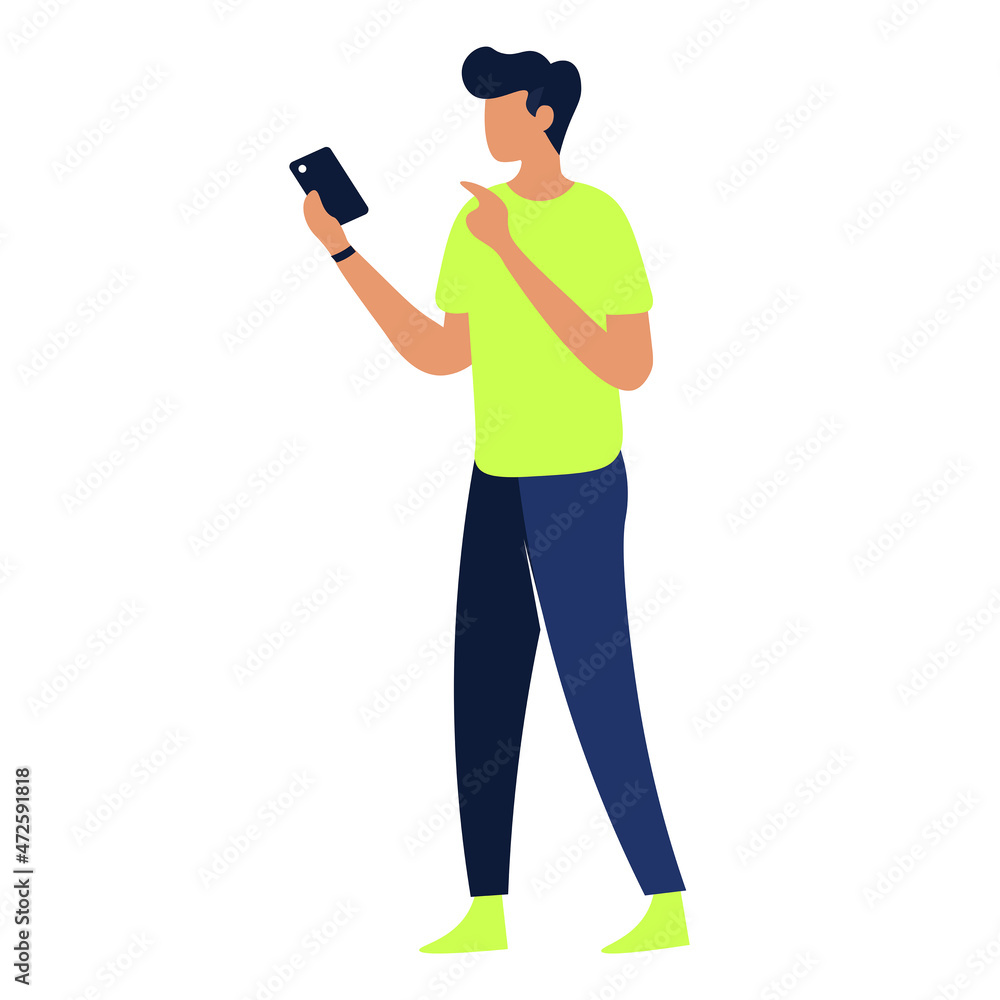 Standing Man Pointing On His Phone - Amazing vector flat illustration ...