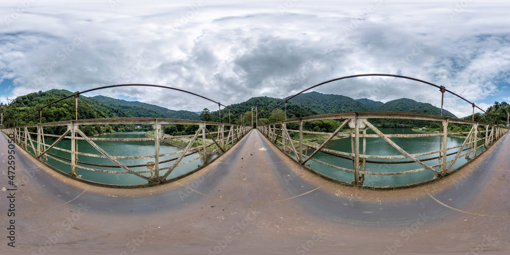 full seamless 360 hdri panorama on on metal bridge over fast river in ...