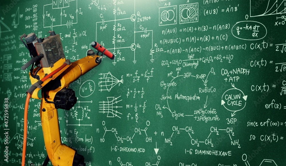 Robot arm AI analyzing mathematics for mechanized industry problem ...