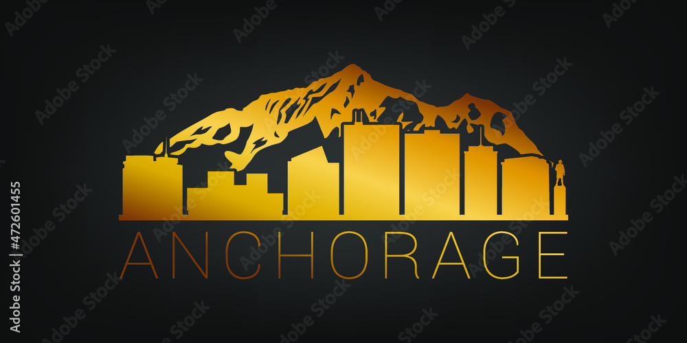 Anchorage, AK, USA Gold Skyline City Silhouette Vector. Golden Design ...