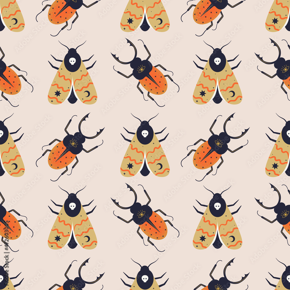 Seamless pattern of mystical abstract moth and stag beetle with ...