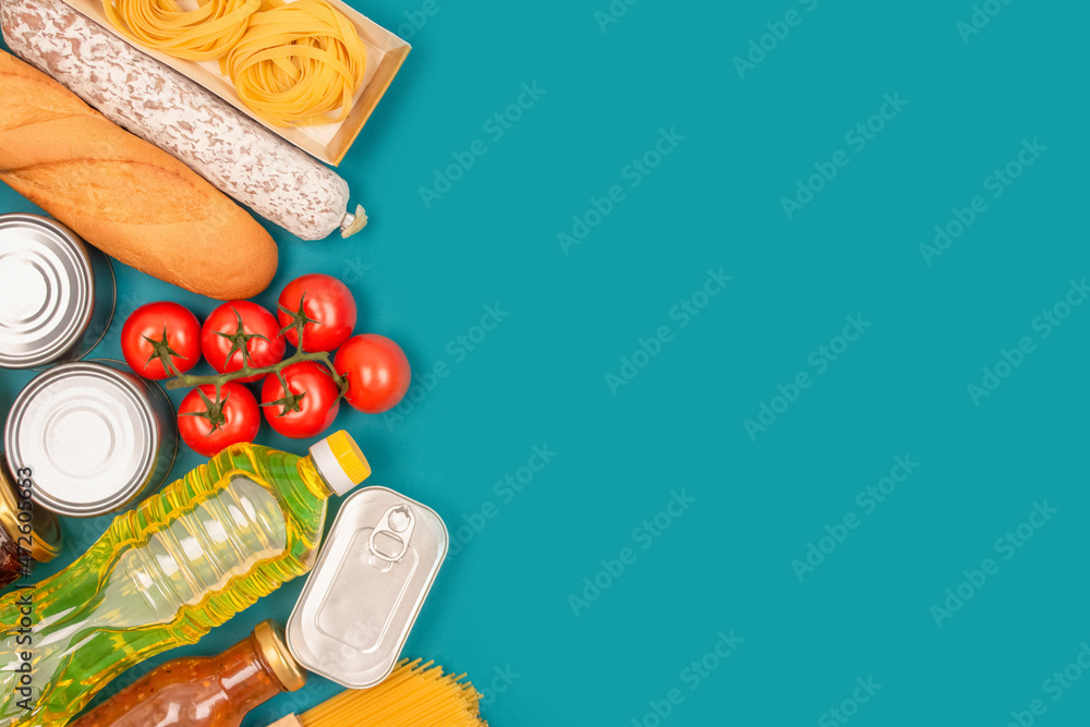 Food bank, food delivery concept. Food donations on green background ...