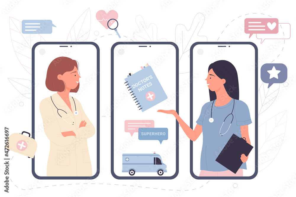 Emergency doctor team and ambulance car on screens of mobile phones ...