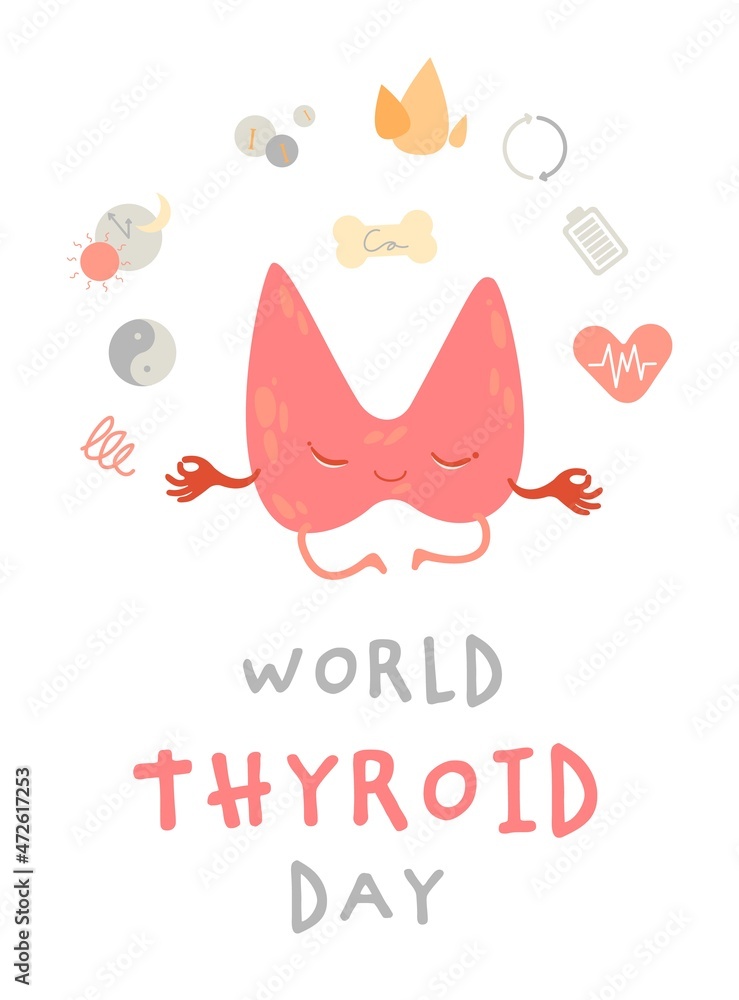 World thyroid day healthcare poster. Cute cartoon character healthy ...