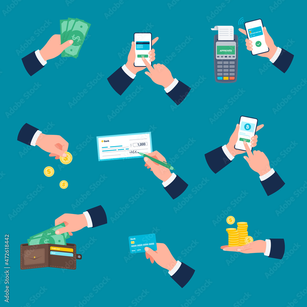 Set of different types of payment options. Cash, mobile app, credit ...