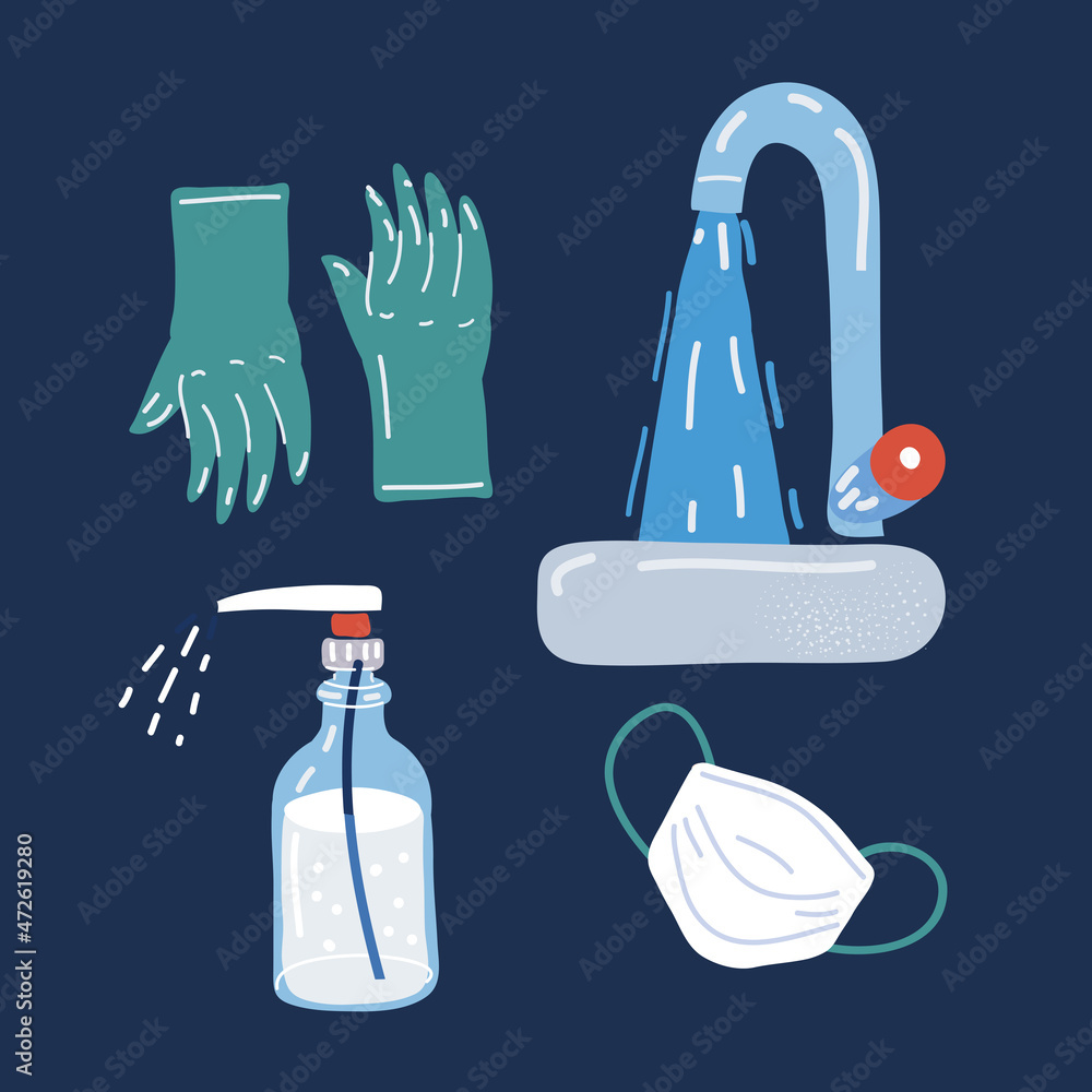 Cartoon vector illustration Prevention set. Rubber gloves, medical mask ...