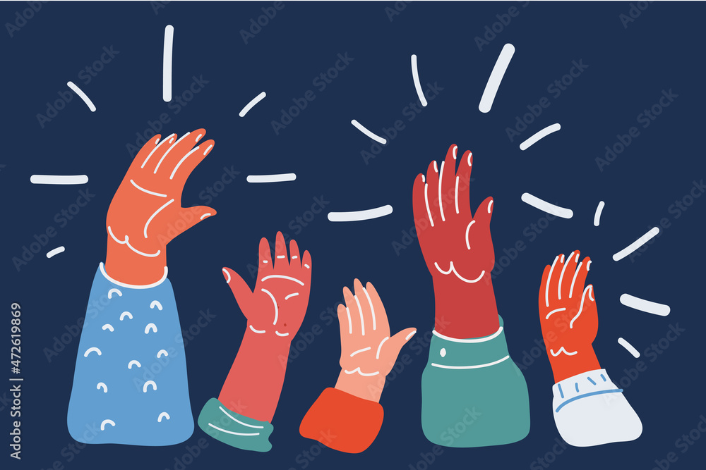 Cartoon vector illustration of Large group of people with raising hands ...