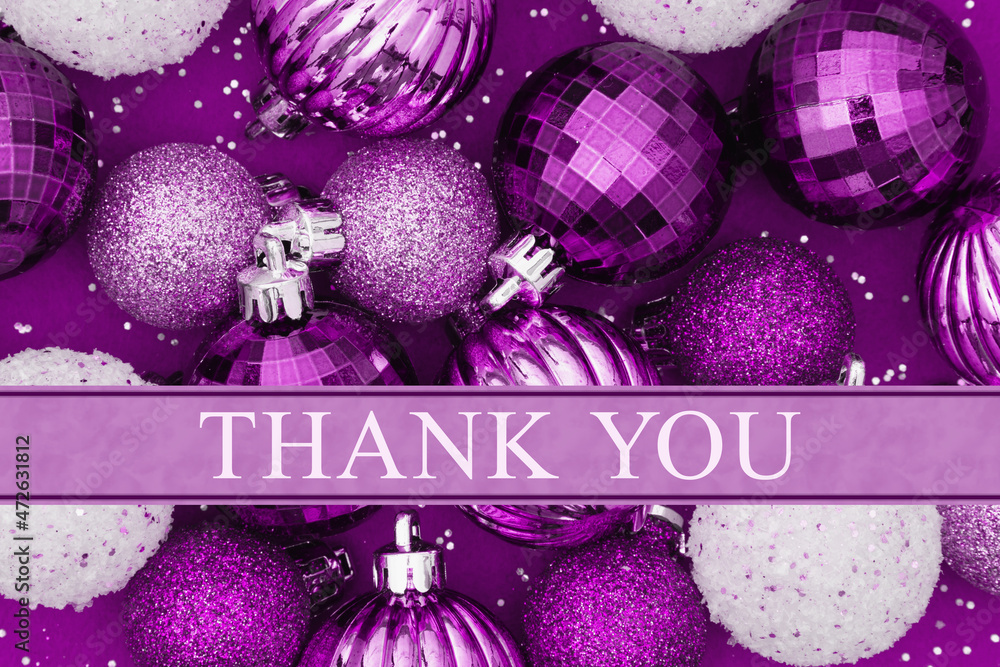 Thank You greeting with purple and white ball ornaments Stock Photo ...