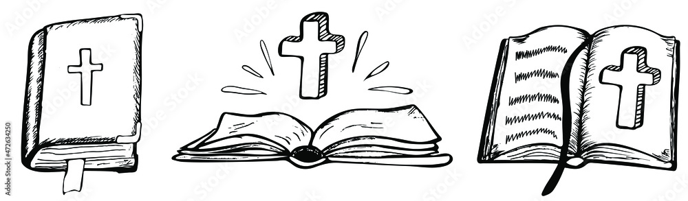 Set of Holy Bibles with crucifixes. Scripture. Religion, church, Bible ...