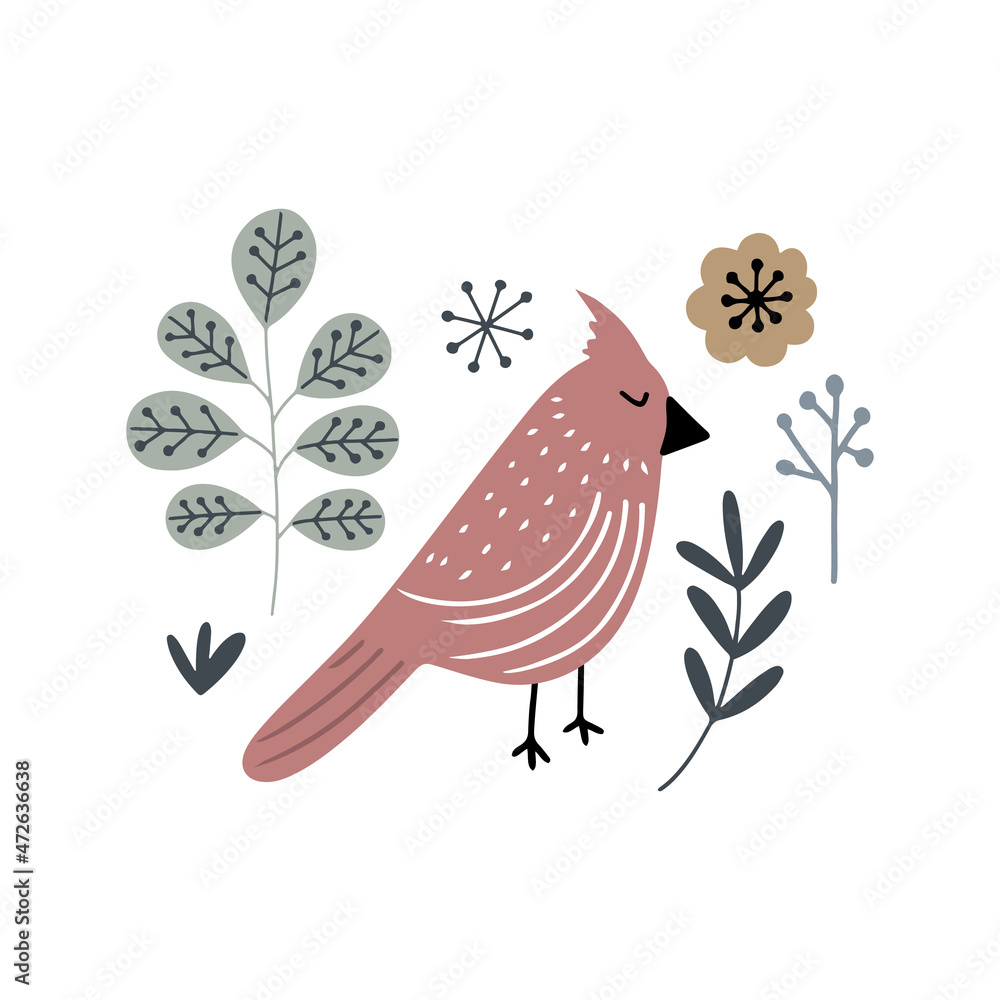 Cute red cardinal bird with branches and leaves, Scandinavian style ...