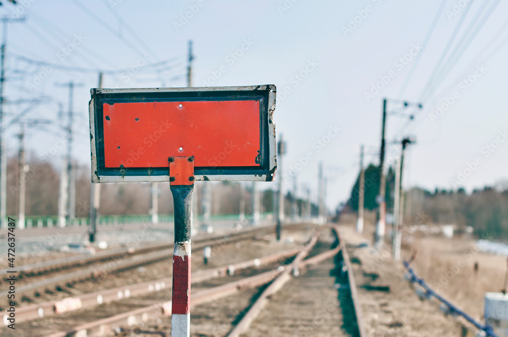 Red sign stop on red plate, railway station safety control ...